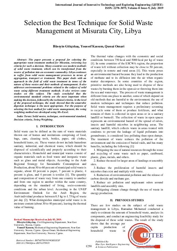 (PDF) Selection the Best Technique for Solid Waste Management at Misurata City, Libya