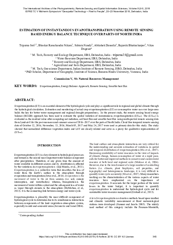 Pdf Estimation Of Instantaneous Evapotranspiration Using Remote Sensing Based Energy Balance