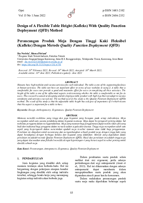 (PDF) Design of A Flexible Table Height (Kafleks) with Quality Function Deployment (QFD) Method