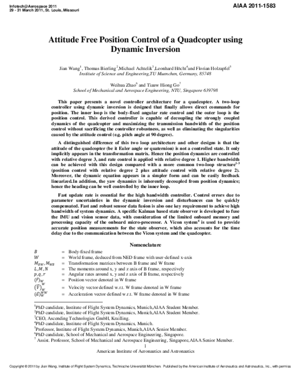 (PDF) Attitude Free Position Control of a Quadcopter using Dynamic ...