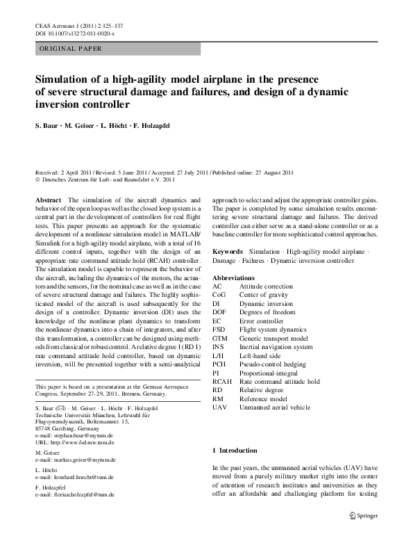 (PDF) Simulation of a high-agility model airplane in the presence of severe structural damage ...