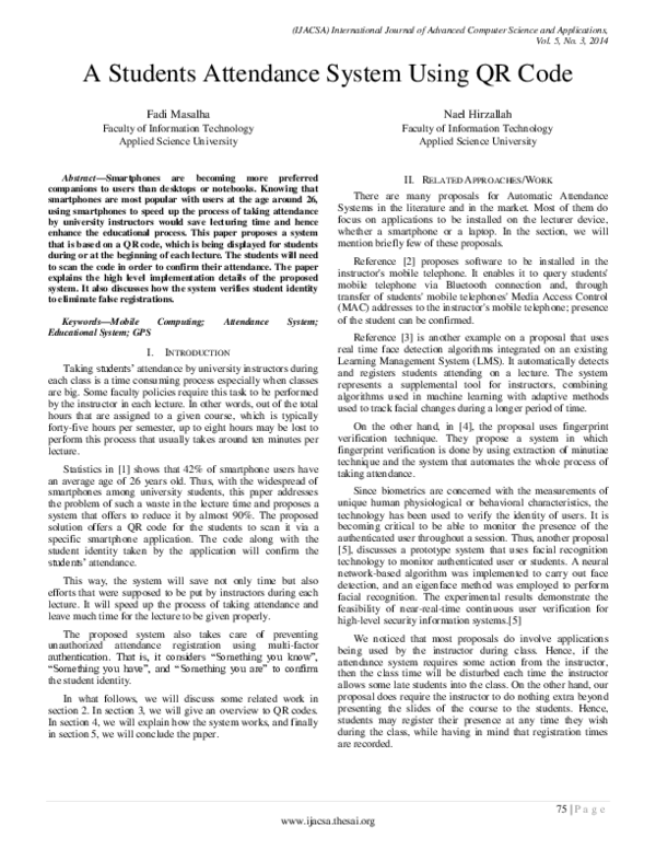 (PDF) A Students Attendance System Using QR Code