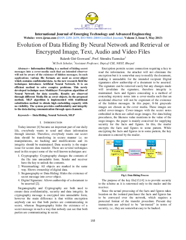 Pdf Evolution Of Data Hiding By Neural Network And Retrieval Or Encrypted Image Text Audio