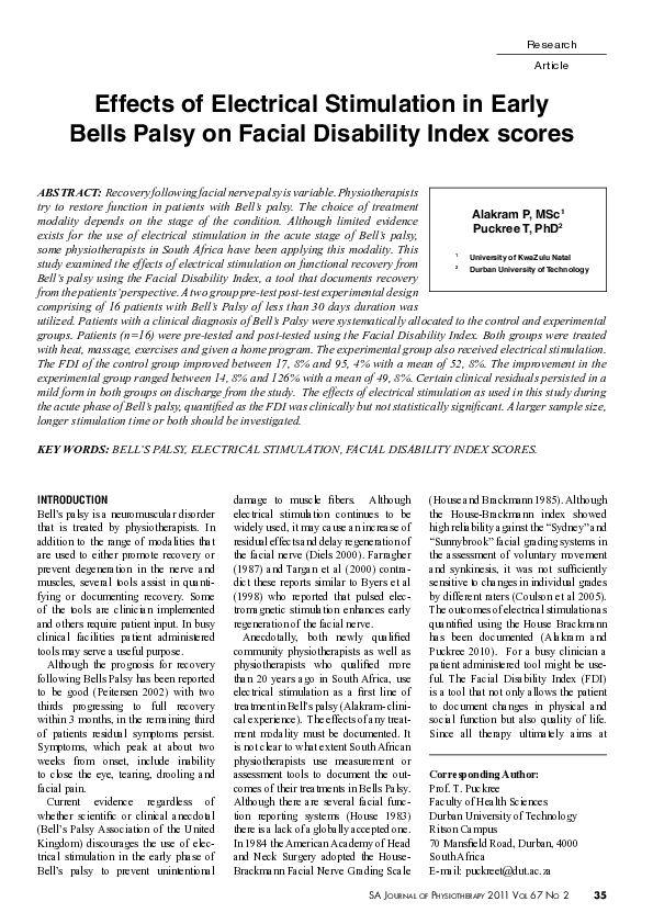 (PDF) Effects of electrical stimulation in early Bells palsy on facial ...