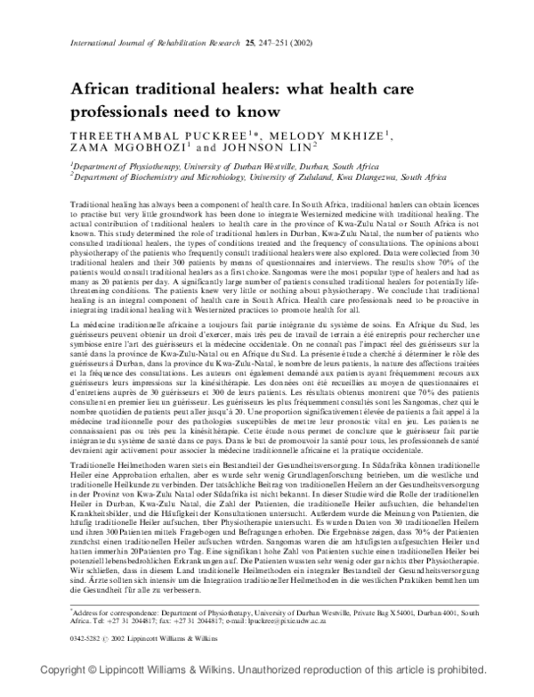 (PDF) African traditional healers: what health care professionals need ...