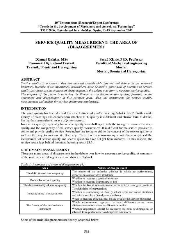 (PDF) Service Quality Measurement: The Area of