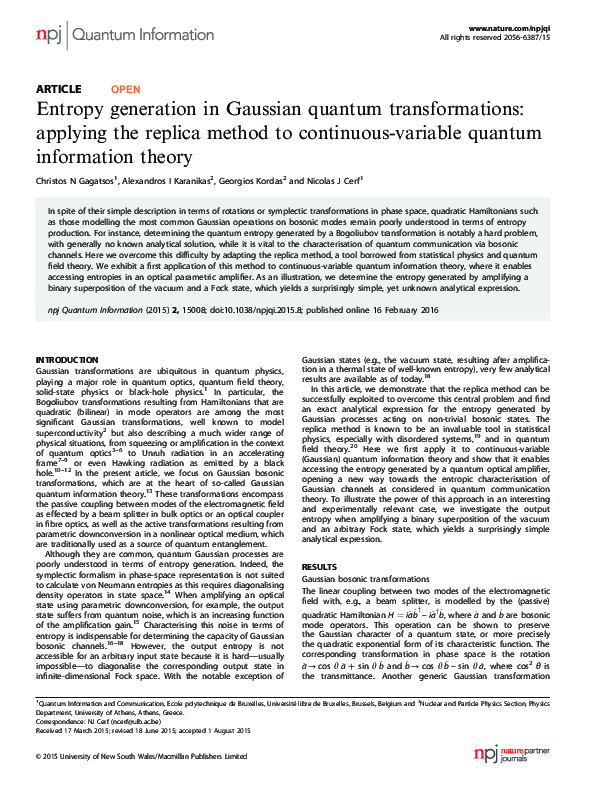 (PDF) Entropy generation in Gaussian quantum transformations: applying the replica method to ...