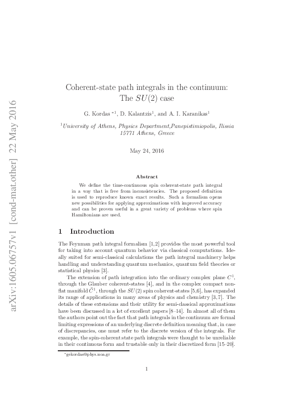 Pdf Coherent State Path Integrals In The Continuum The Su 2 Case