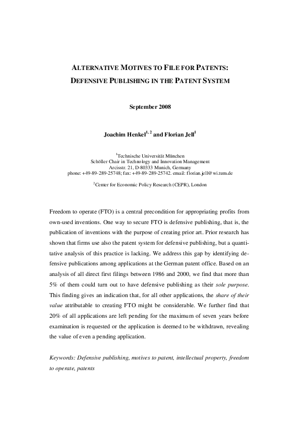 (PDF) Alternative motives to file for patents: Defensive publishing in ...