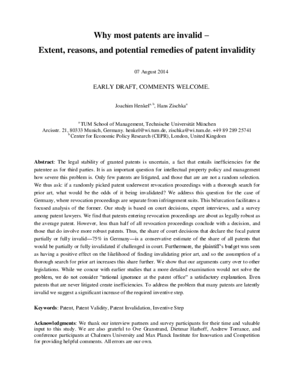 (PDF) Why most patents are invalid - Extent, reasons, and potential ...