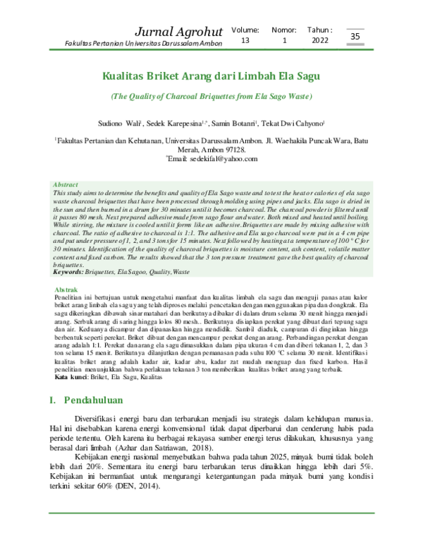 (PDF) Kualitas Briket Arang dari Limbah Ela Sagu | Sedek Karepesina - Academia.edu