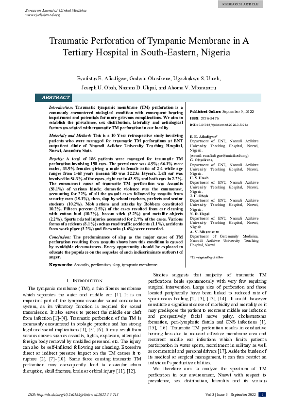 (PDF) Traumatic Perforation of Tympanic Membrane in A Tertiary Hospital ...