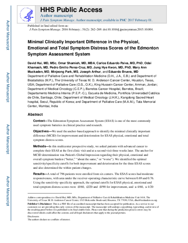 (PDF) Minimal Clinically Important Difference in the Physical, Emotional and Total Symptom ...
