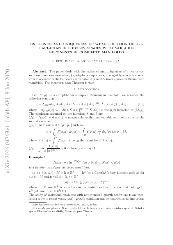 (PDF) Existence and uniqueness of weak solution of p(x)- Laplacian in Sobolev spaces with ...