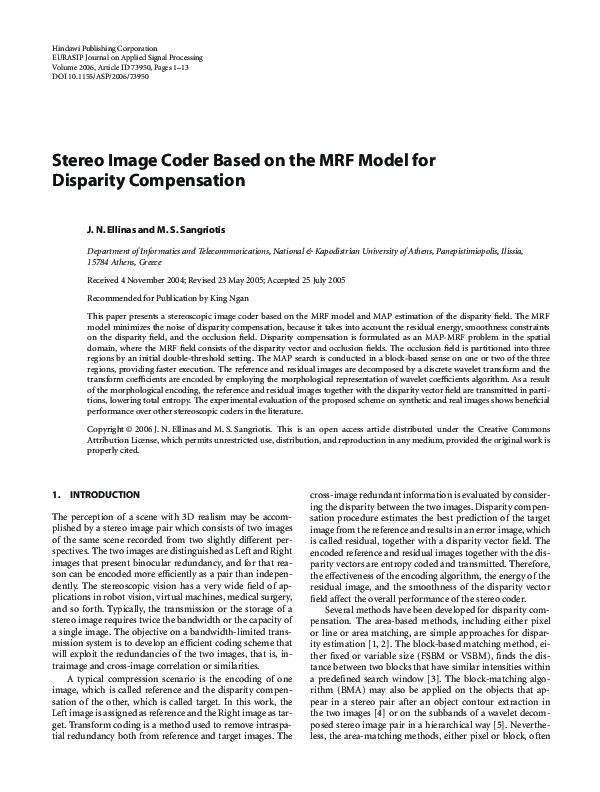 (PDF) Stereo Image Coder Based on the MRF Model for Disparity Compensation | Manolis Sangriotis ...