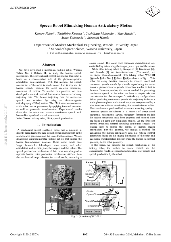 (PDF) Speech robot mimicking human articulatory motion