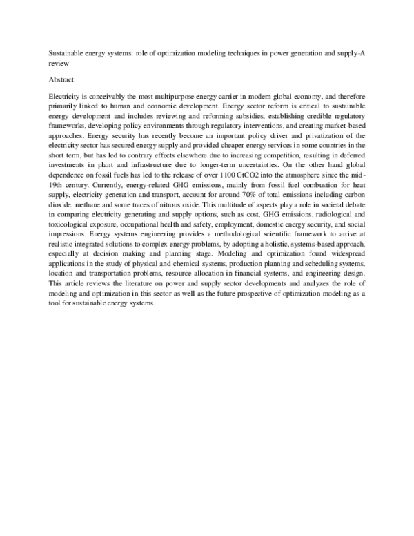 (PDF) Sustainable energy systems: Role of optimization modeling ...