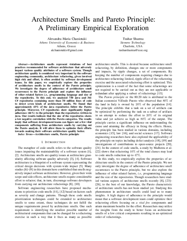 (PDF) Architecture Smells and Pareto Principle: A Preliminary Empirical Exploration | Tushar ...