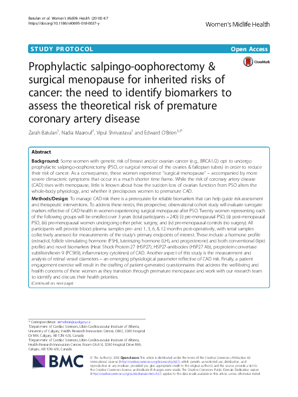 (PDF) Salpingo-Oophorectomy, Menopause, CAD Risks, and Biomarkers