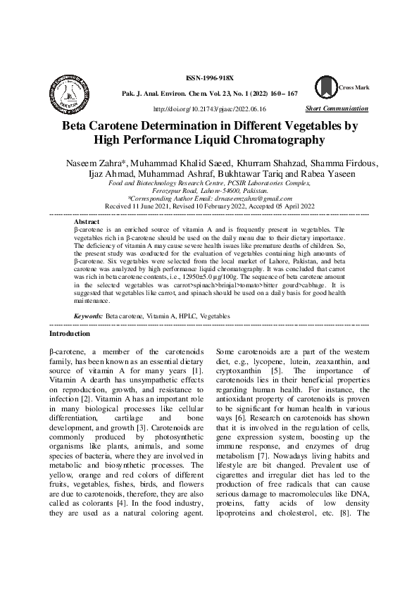 (PDF) Beta Carotene Determination in Different Vegetables by High Performance Liquid Chromatography
