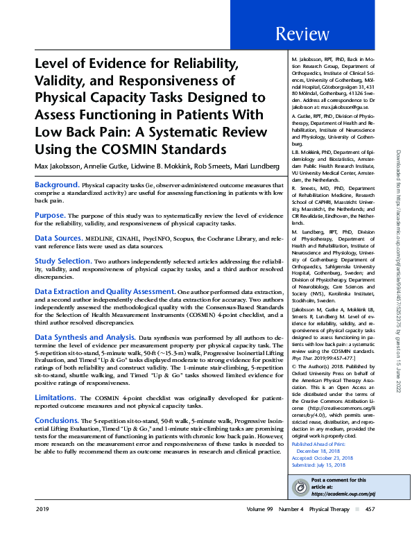 (PDF) Level of Evidence for Reliability, Validity, and Responsiveness of Physical Capacity Tasks ...