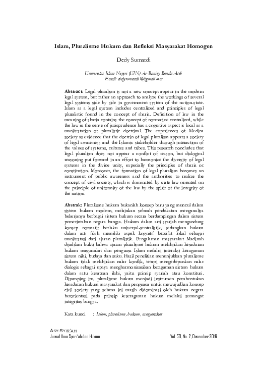 (PDF) Islam, Pluralisme Hukum dan Refleksi Masyarakat Homogen