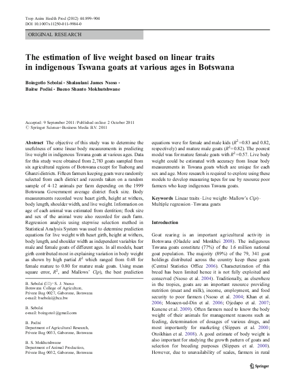 (PDF) The estimation of live weight based on linear traits in ...