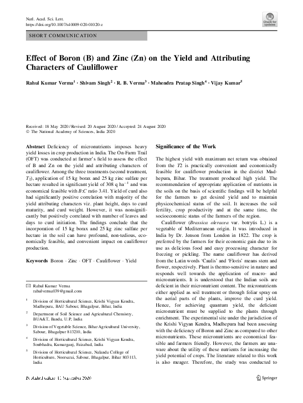Pdf Effect Of Boron B And Zinc Zn On The Yield And Attributing Characters Of Cauliflower