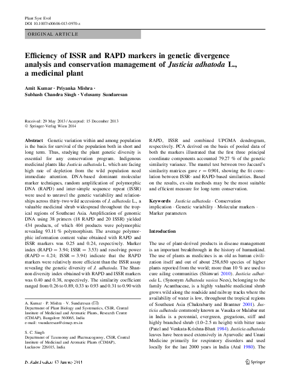 (PDF) Efficiency of ISSR and RAPD markers in genetic divergence analysis and conservation ...