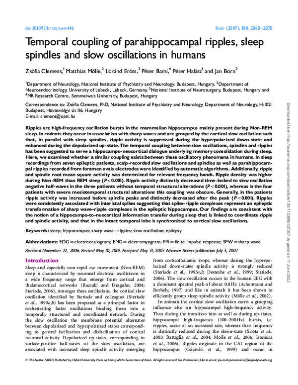 (PDF) Temporal coupling of parahippocampal ripples, sleep spindles and slow oscillations in humans