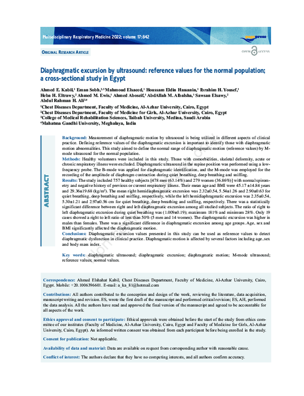 (PDF) Diaphragmatic excursion by ultrasound: reference values for the ...