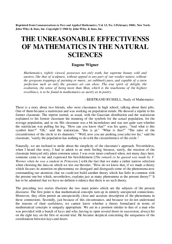 (PDF) THE UNREASONABLE EFFECTIVENSS OF MATHEMATICS IN THE NATURAL SCIENCES