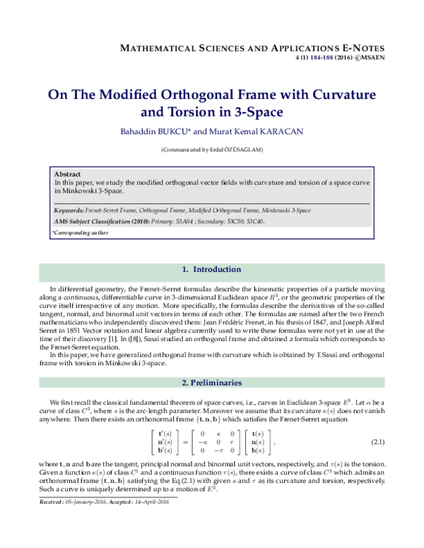 (PDF) On The Modified Orthogonal Frame with Curvature and Torsion in 3 ...