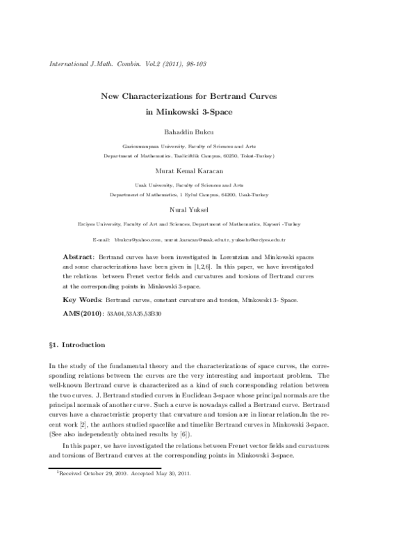 (PDF) Characterizing Bertrand Curves in Minkowski Space