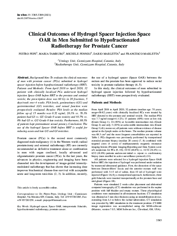(PDF) Clinical Outcomes of Hydrogel Spacer Injection Space OAR in Men ...