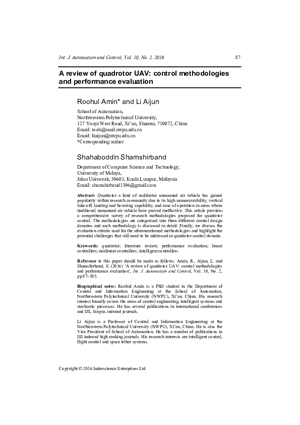 (PDF) A review of quadrotor UAV: control methodologies and performance evaluation