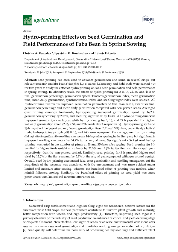 Pdf Hydro Priming Effects On Seed Germination And Field Performance Of Faba Bean In Spring Sowing