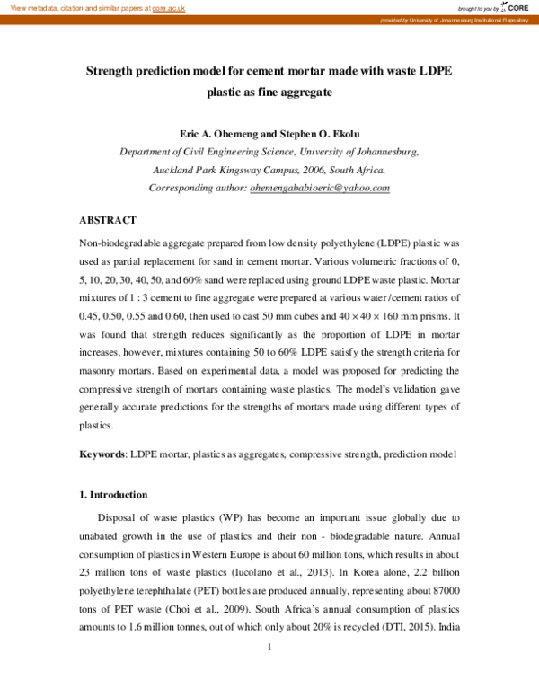 (PDF) Strength prediction model for cement mortar made with waste LDPE ...