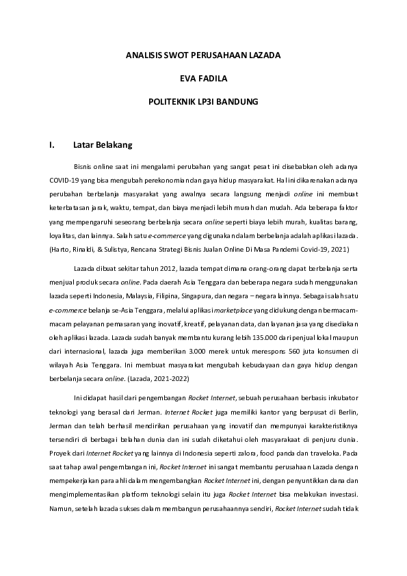 (PDF) ANALISIS SWOT PERUSAHAAN LAZADA EVA FADILA POLITEKNIK LP3I BANDUNG