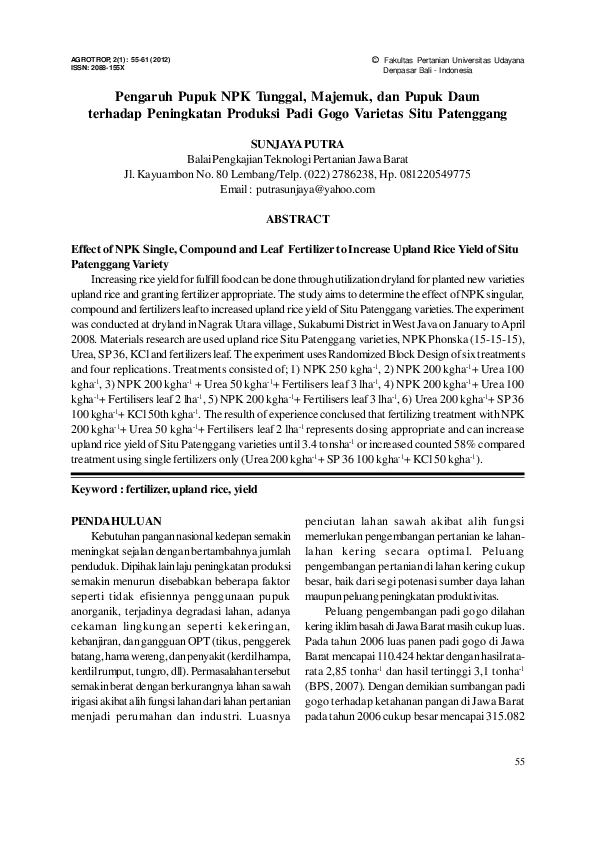 (PDF) Pengaruh Pupuk NPK Tunggal, Majemuk, dan Pupuk Daun terhadap Peningkatan Produksi Padi ...