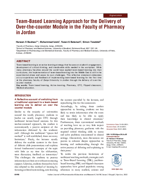 (PDF) Team-Based Learning in Pharmacy Education in Jordan