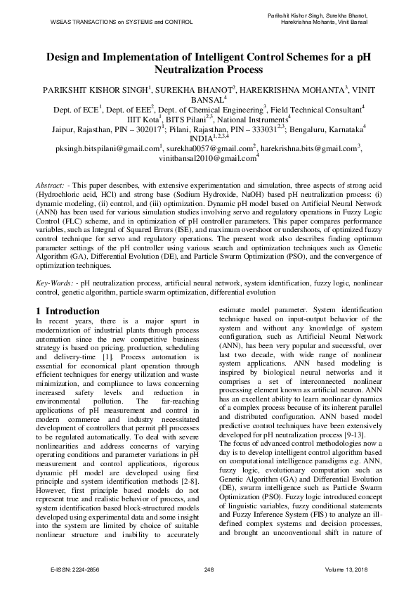(PDF) Design and Implementation of Intelligent Control Schemes for a pH Neutralization Process