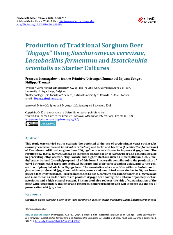 (PDF) Production of Traditional Sorghum Beer “ Ikigage ” Using ...