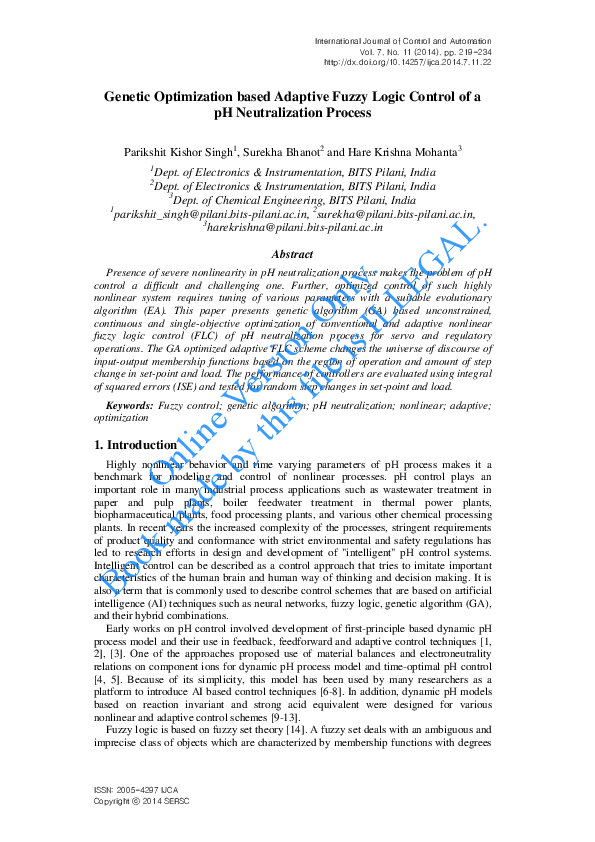 (PDF) Genetic Optimization based Adaptive Fuzzy Logic Control of a pH Neutralization Process ...
