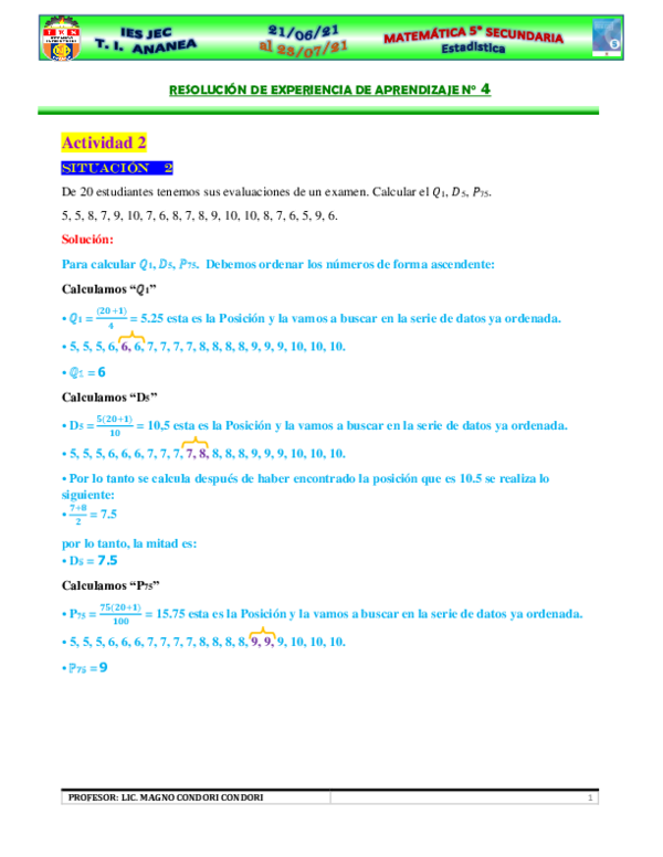 (PDF) Resolucion de Experiencia de aprendizaje N° 4 (5° ) - Actividad