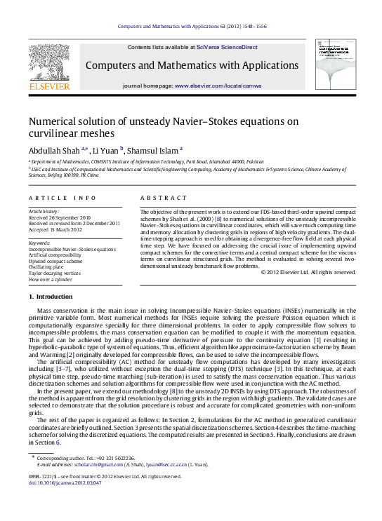 (PDF) Numerical solution of unsteady Navier–Stokes equations on curvilinear meshes | Shamsul ...