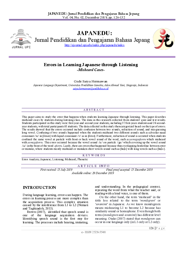 (PDF) Errors in Learning Japanese through Listening-Misheard Cases