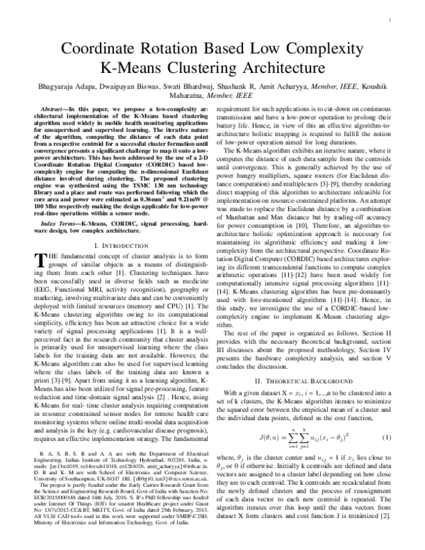 Pdf Coordinate Rotation Based Low Complexity K Means Clustering