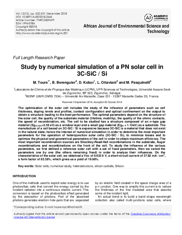 (PDF) Study by numerical simulation of a PN solar cell in 3C-SiC / Si