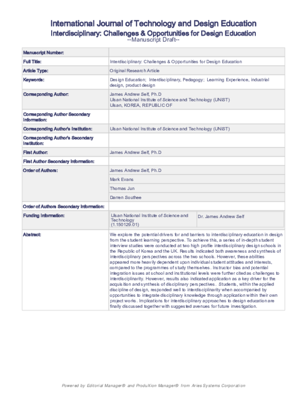 (PDF) Interdisciplinary: challenges and opportunities for design education